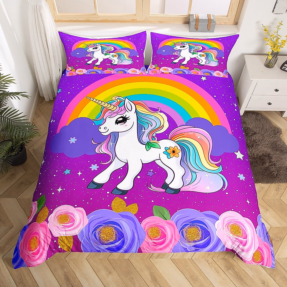 Cute Unicorn Kids Duvet Cover Set Twin Size,Rainbow Stars Cloud Dreamy Bedding Set,Girls Women Room Decor,Cartoon Animals Roses Castle Comforter Cover,Pink Purple Romantic Quilt Cover,1 Pillowcase