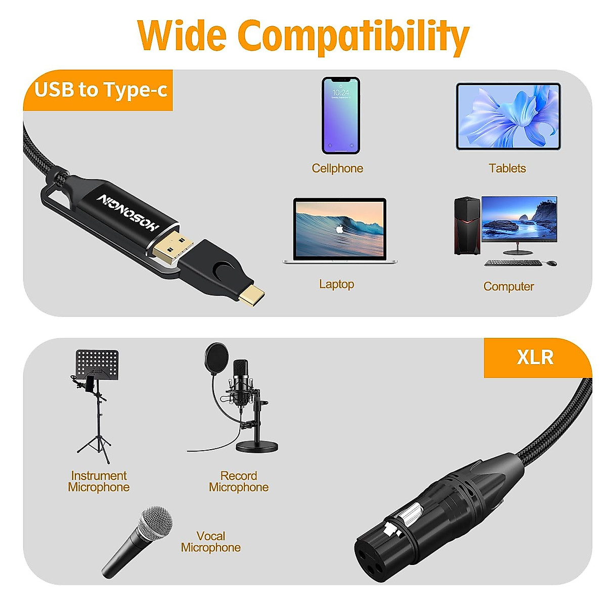 HOSONGIN 1/4 inch to XLR Cable, 1/4 inch Stereo Female to XLR Male Adapter Cable, 12 inch