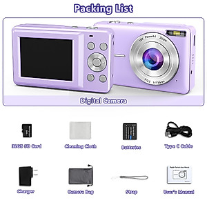 Hauyince Digital Camera, Kids Camera with 16X Zoom, FHD 1080P 44MP Point and Shoot Digital Cameras with 32GB Card, 2 Batteries, Lanyard, Small Compact Travel Camera for Kids,Teens Boys Girls, Purple