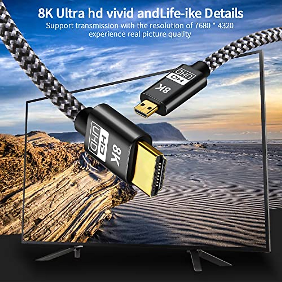 Micro HDMI to HDMI 2.1 8K Cable 5FT, Ultra High Speed 8K@60Hz 4K@120Hz 48Gbps HDMI Cord Compatible with Digital Cameras, Camcorders, Tablets (5.00)