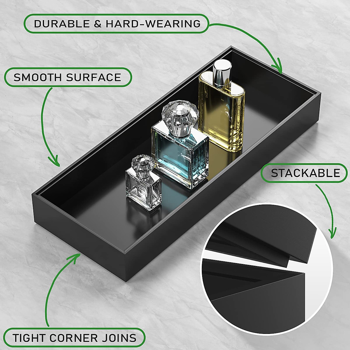 Toilet Tank Tray for Modern Black Bathroom Decor Set of 2 Toilet Tank Topper Paper Storage Decorative Organizer Box Wood Vanity Tray for Counter Decor Dresser Tops 15" x 6" x 2" (Black)