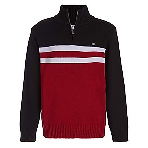 Calvin Klein Boys' Half Zip Pullover Sweater, Ribbed Neckline & Logo Detailing, Red/Black, 14-16 Husky