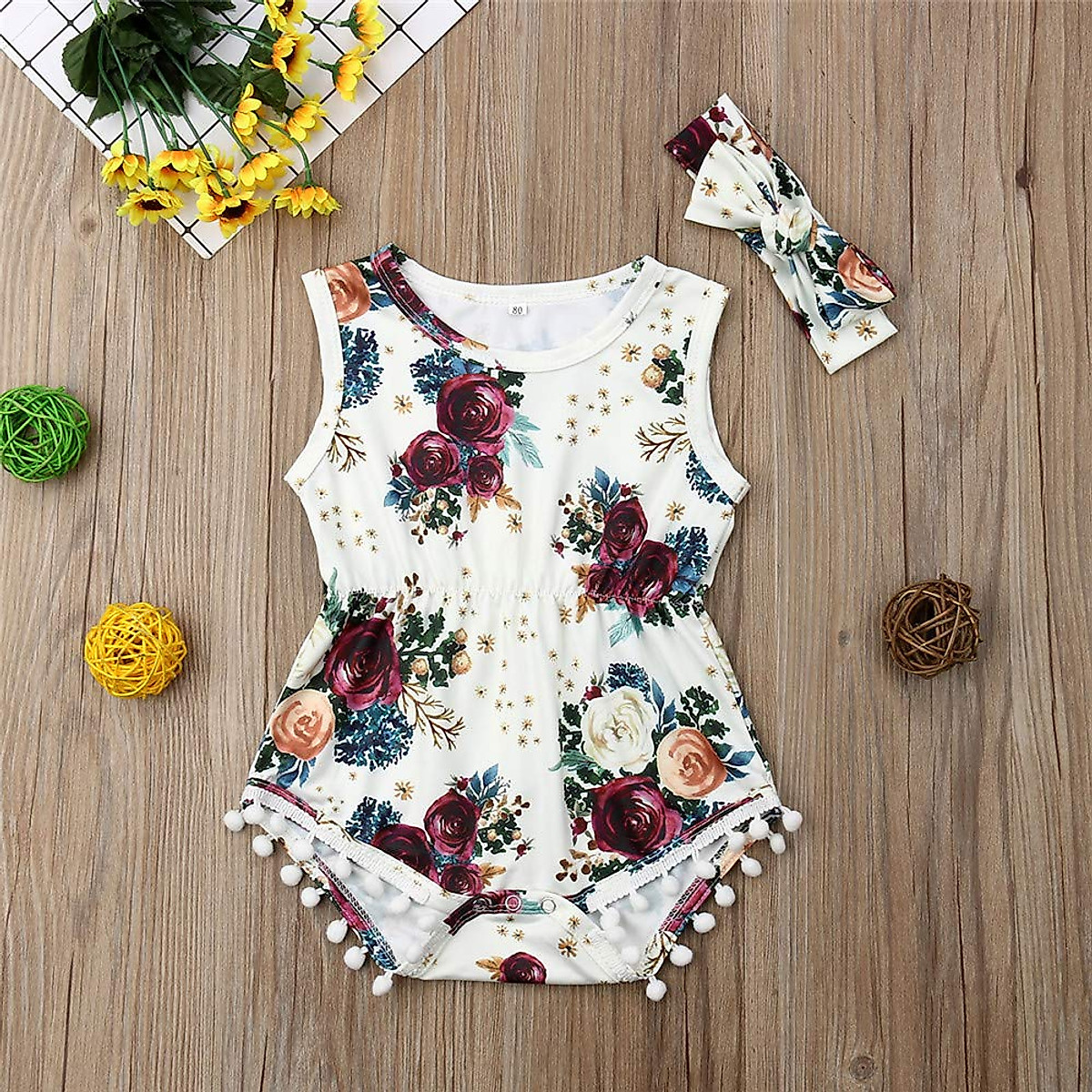 Merqwadd Infant Baby Girls Floral Romper Bodysuit Sleeveless Jumpsuit Outfit Summer Clothes (Floral-white, 12-18 Months)