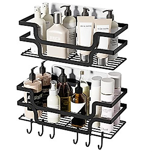 Auslar Shower Caddy, Shower Shelves, Shower Shelves for Inside Shower, Large Capacity Bathroom Shower Organizer with 6 Removable Hooks, Rustproof Stainless Steel, Self Adhesive Shower Shelves, Black
