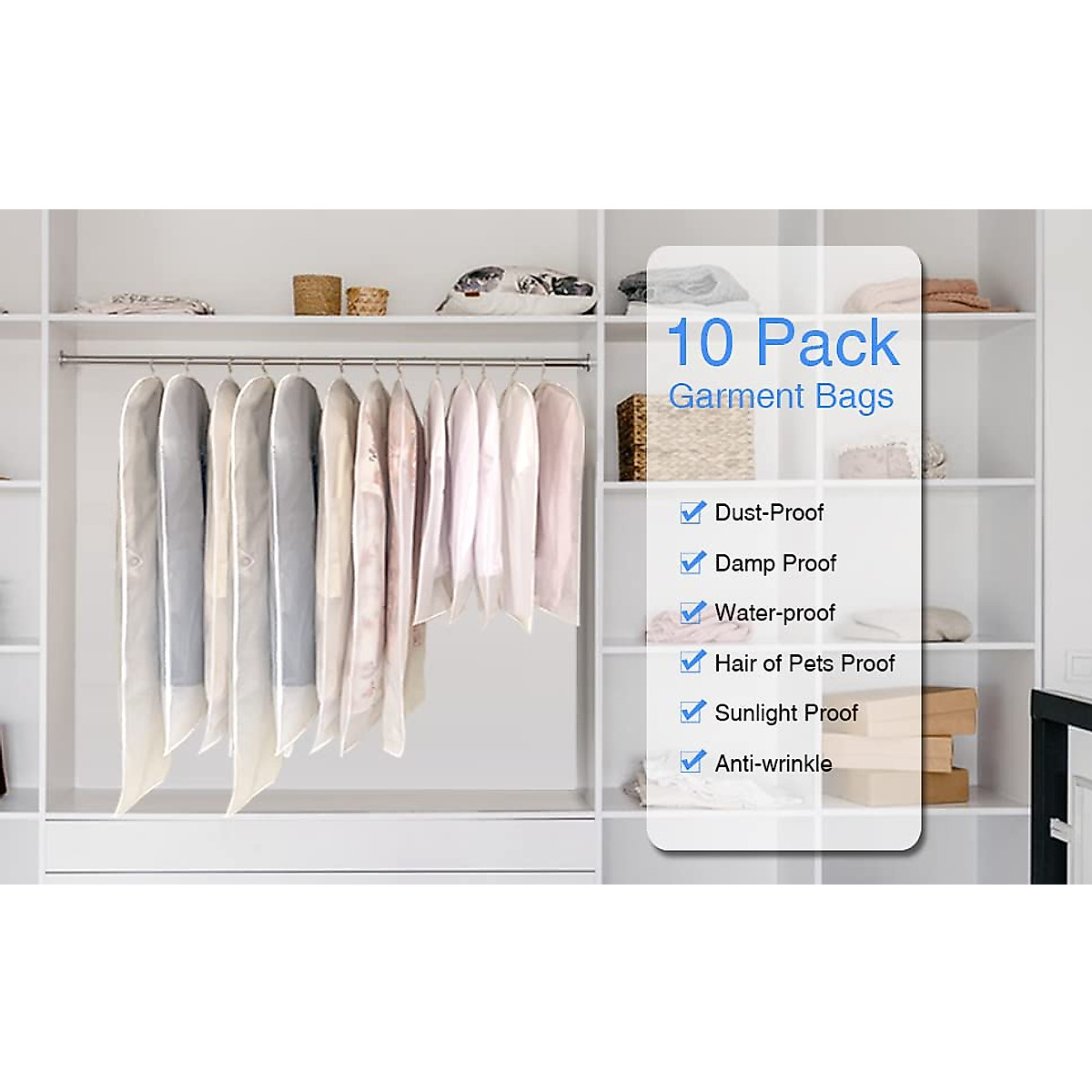 Yehorin Clear Garment Bags for Hanging Clothes, 48'' Plastic Dustproof Suit Bags Cover for Closet Storage, Zippered Garment bags Dress Cover Bags Clothes Protectors for Closet 10 Pack