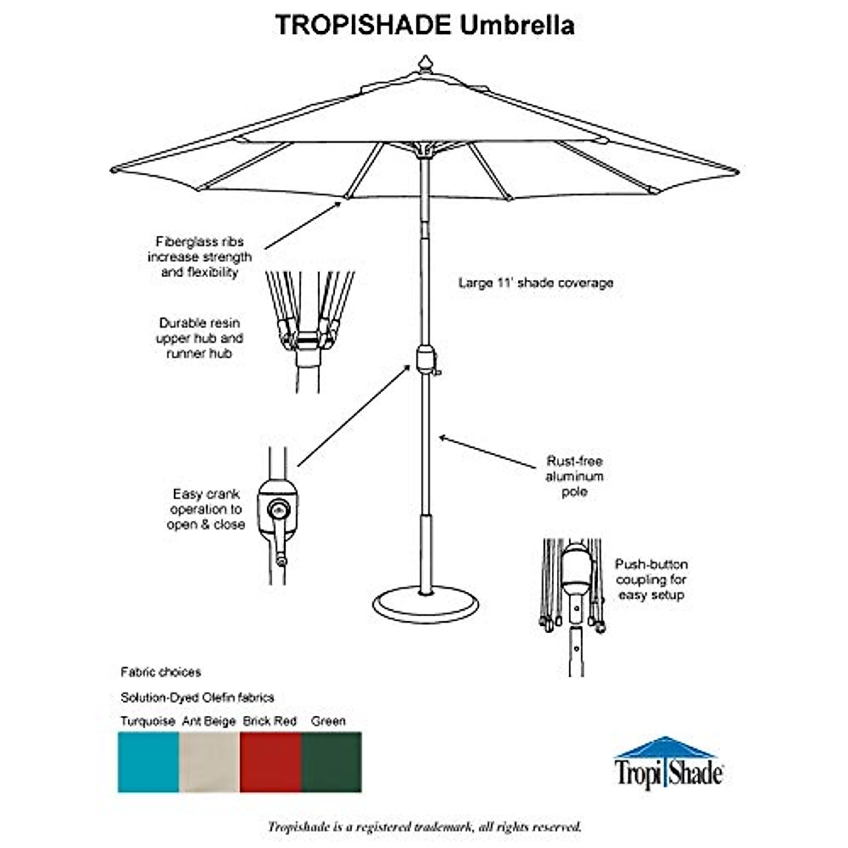 Tropishade 11' Umbrella with Premium Beige Olefin Cover (Base not included)