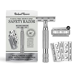 ROCKWELL RAZORS 6C White Chrome Safety Razor With 6 Adjustable Shave Settings and 5 Fully Recyclable Razor Blades Reusable Safety Razors for Men and Women