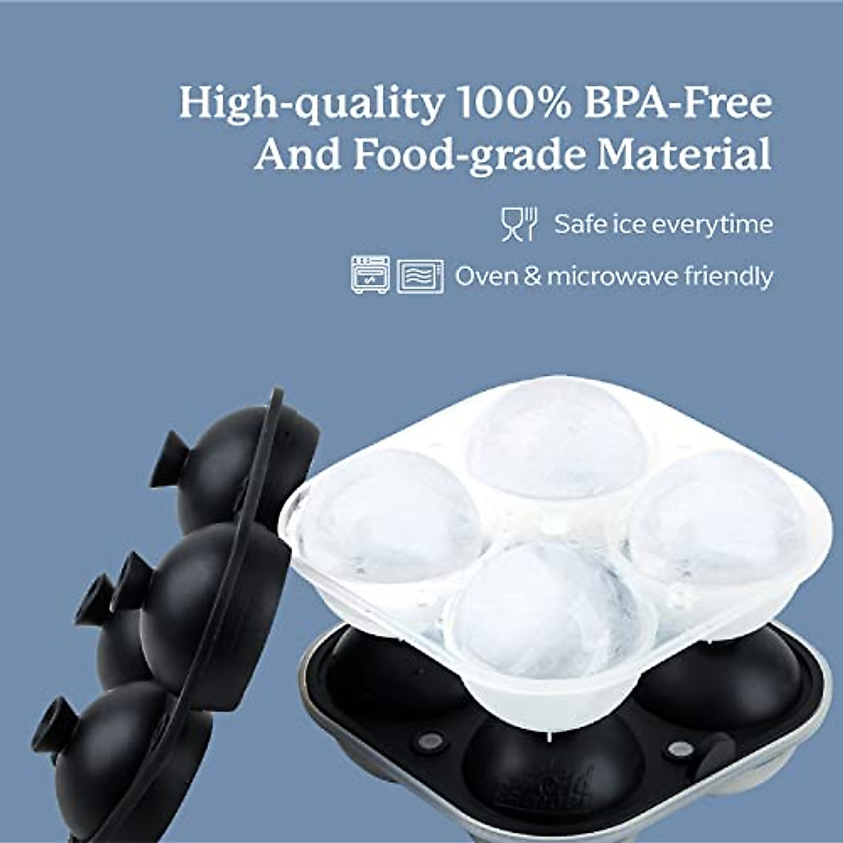 Samuelworld Large Ice Ball Maker with Lid, 4 x 2.5 Inch Ice Balls - BPA Free, Easy To Fill Round Silicone Ice Tray, Perfect Spheres Craft Ice Maker for Whiskey, Cocktails, Gifting - Black