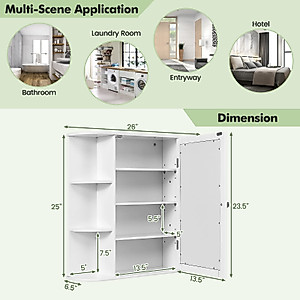 Giantex Mirrored Bathroom Medicine Cabinet - Wall Mounted Bathroom Hanging Cabinet with Single Door, 3 Adjustable Shelves, Storage Cabinet for Hallway, Living Room, Wall Cabinet Over Toilet (White)