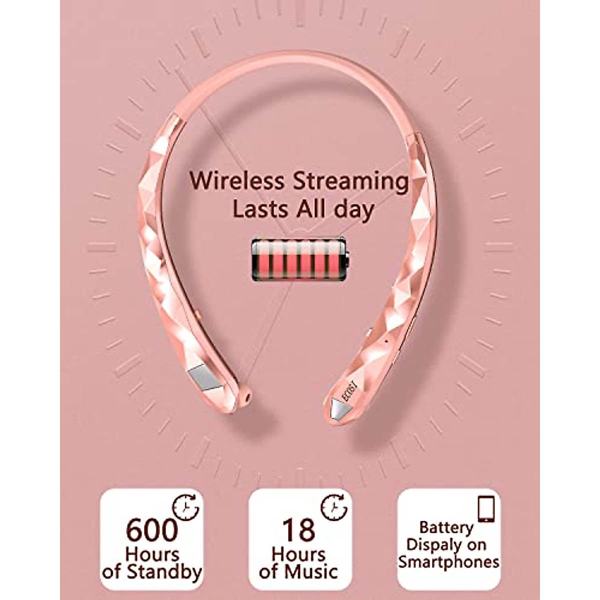 Yooken Bluetooth Headphones, Neckband Bluetooth Headset with Retractable Earbuds, CVC 8.0 Noise Cancelling Stereo Wireless Headphones with Mic for Running, Office Home, Video Conference (Rose)