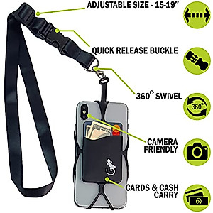 Gecko Travel Tech Cell Phone Lanyard, Universal Neck Phone Holder & Silicone Card Pocket with Adjustable Neck Strap (Black Neck - Black Pocket)