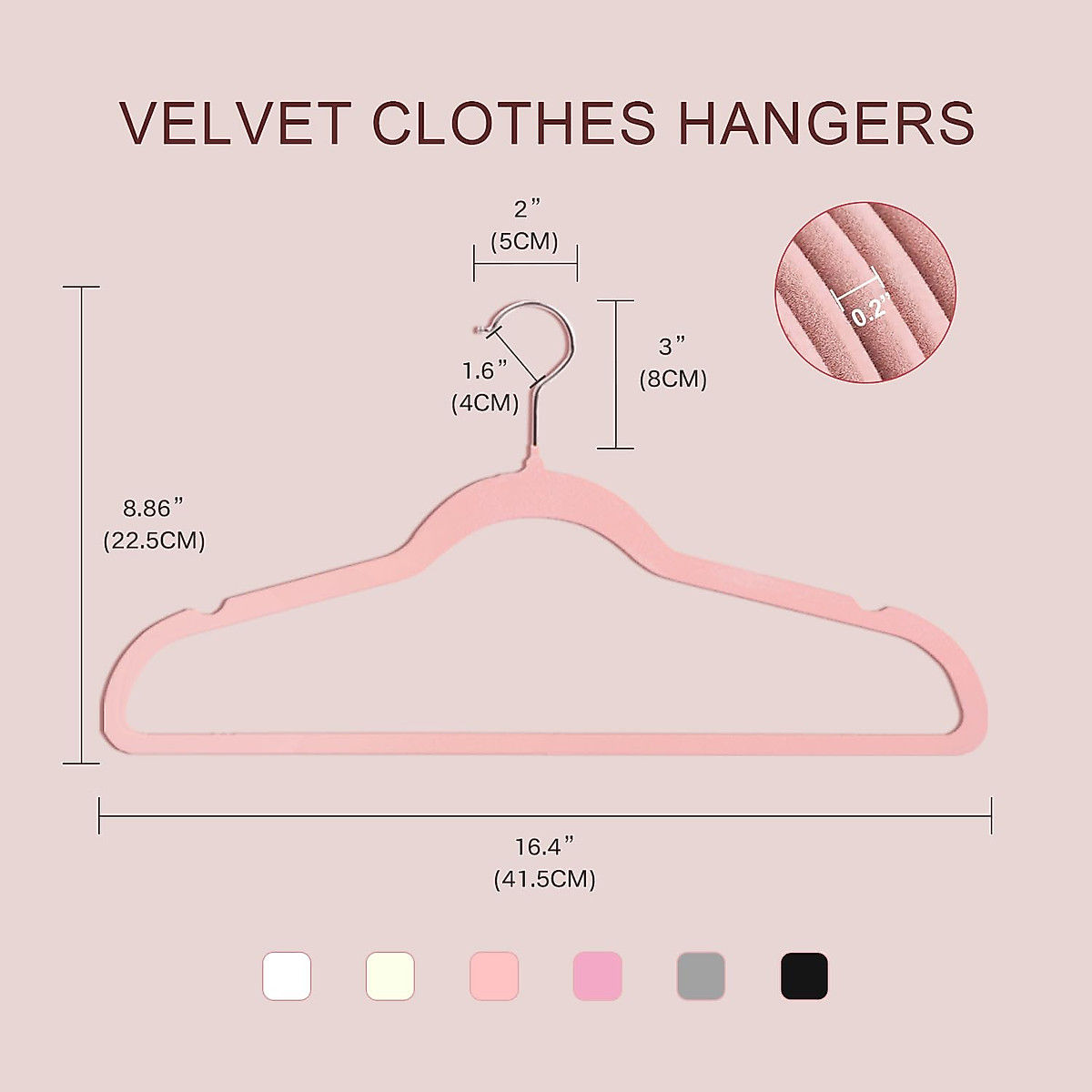 Wellong Velvet Clothes Hangers, 16.8 Inches Non-Slip Skirt Hangers, Sturdy Dresses Hangers with Shoulder Notches, Space Saving Clothing Hangers for Adults Pink 22 Packs