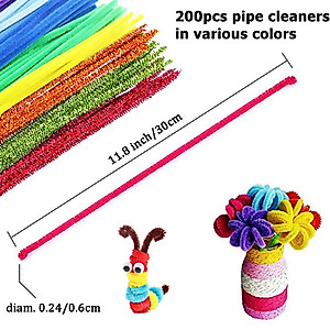 Pipe Cleaners Craft Set with DIY Tutorial, Included 200Pcs Multicolor Pipe Cleaners Chenille Stems, 200Pcs Pom Poms, 200Pcs Self-Sticking Wiggle Googly Eyes, for DIY Art Craft
