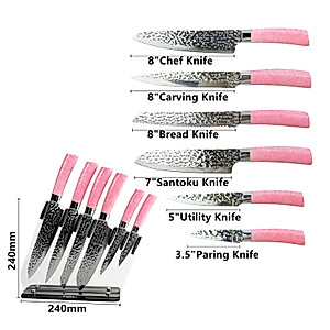 Kitchen Knives Set, High Carbon Stainless Steel Knife Set 7PCS, Super Sharp Cutlery Knife Set with Clear Acrylic Stand, Knife Block Set (Pink)