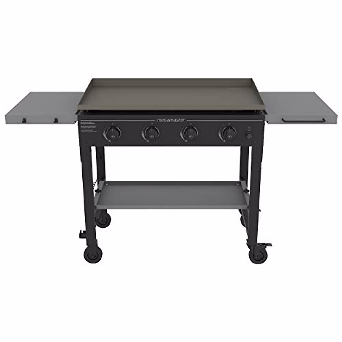 Megamaster 720-0786F Outdoor Portable Cooking 4-Burner Propane Gas Griddle Grill, Flat Top for Camping, Outdoor Cooking, Patio, Garden, Cart with Caster, Side Shelves with Hooks, Black and Grey