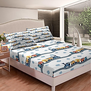 Erosebridal Kids Train Bed Sheets for Boys Girls Cartoon Car Twin Size Sheet Sets Steam Engine Sheets Railway Vehicles Sheet & Pillowcase Sets Transportation Truck Fitted Sheet with 1 Pillow Sham