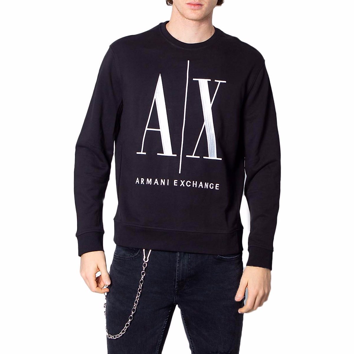 A｜X ARMANI EXCHANGE Men's Icon Project Embroidered Pullover Sweatshirt, Black, M
