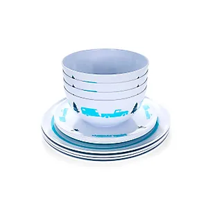 Camco Life is Better at The Campsite Dishware Set | Includes (4) Large Dinner Plates, (4) Small Salad Plates and (4) Bowls | Top Rack Dishwasher Safe | Blue Tree and Truck Design (53294)