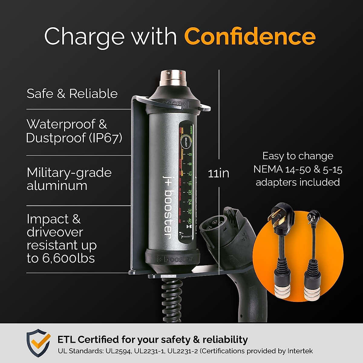 J+ Portable Level 2 EV Charger 40 amp (J1772, 9.6KW), 240V Electric Vehicle Charging Stations, EV Charger Level 2 NEMA 14-50 & 5-15 ETL Certified, EVSE, IP67, 25ft Cable, Indoor/Outdoor EV Car charger