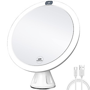 KEDSUM Upgraded 9" Rechargeable 10x Magnifying Makeup Mirror with Lights, Dimmable Lighted Vanity Mirror with Magnification and A Large Suction Cup, Touch Button, 360 Degree Rotation