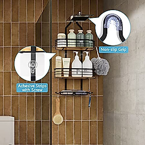 Fogein Bathroom Hanging Shower Caddy Over Shower Head Organizer, Rustproof Shower Organizer with Bamboo Board Hook & Soap Box, Over the Shower Head Caddy, Black
