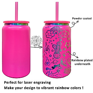 Glass Cups with Lids and Straws, 16 oz Stainless Steel Cups, Insulated Skinny Tumbler, Powder Coated Travel Mugs for Laser Engrave, Iced Coffee Cup for Smoothie Water DIY Gift (Rosy,1 pack)