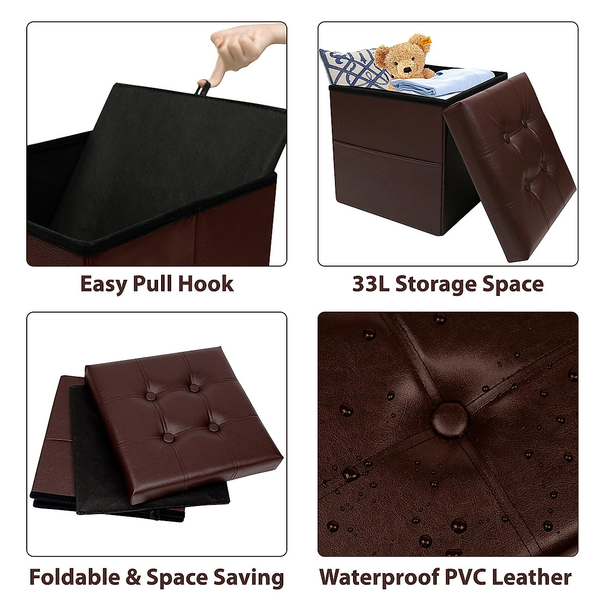 xuperbonus15 Inches Folding Storage Square Ottoman with Side Pocket Brown Leather Cube Foot Rest Stool Seat for Dorm Living Room Bedroom