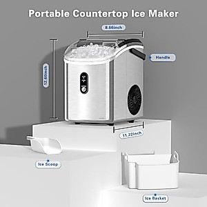 ZAFRO Nugget Ice Maker Countertop with Handle, Stainless Steel, 35Lbs/24Hrs,7 Mins Ice Making, Pellet Ice Maker with Ice Basket/Ice Scoop for Home/Bar/Party/Office