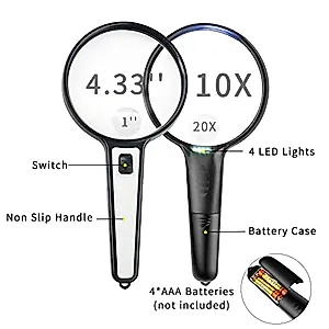 Magnifying Glass with Light, 10X 20X High Magnification, Large Handheld Magnifier with 4 LED Light, Suitable for Low Vision Seniors Reading, Jewelry, Coin, Science.
