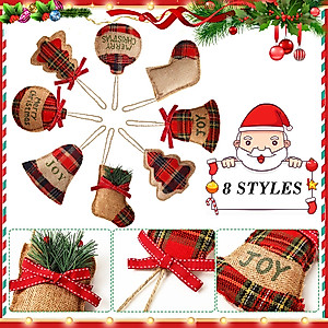 24 Pcs Burlap Christmas Ornaments 2022 Set Mini Stockings Funny Christmas Tree Ornaments Rustic Christmas Decorations Red Plaid Tartan Hanging Decoration Stocking Ball Tree Bell, 8 Styles (Rustic)