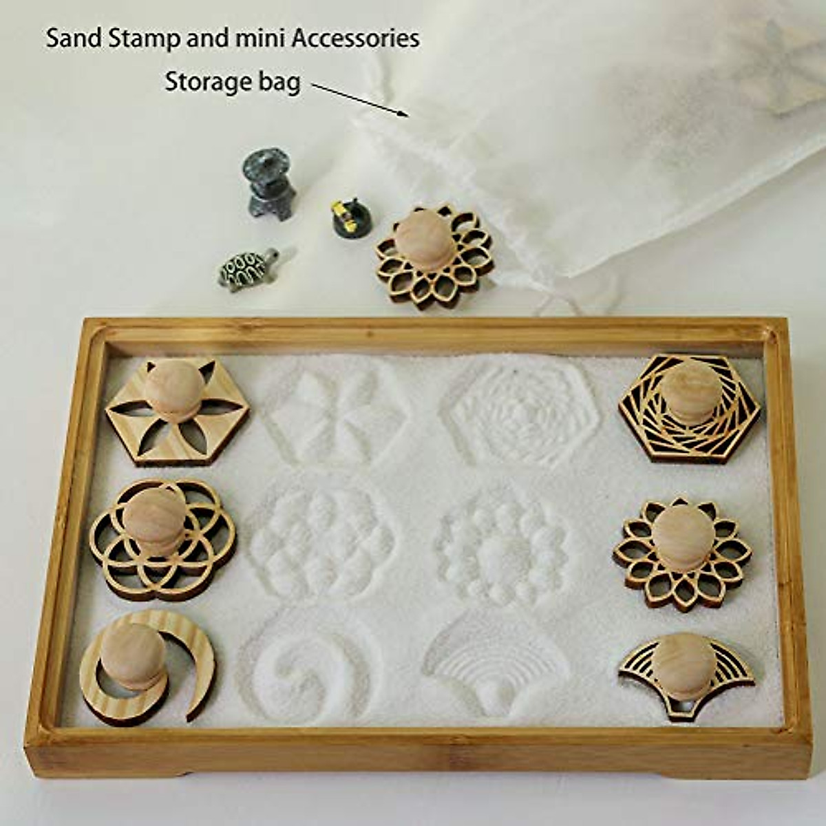 Zen Garden Rake Stamp Tools - Meditation Rock Sand Garden Accessories – Office Desktop Mini Zen Gifts for Man Women Bamboo Rakes Holder Brusher Spoon Figurines