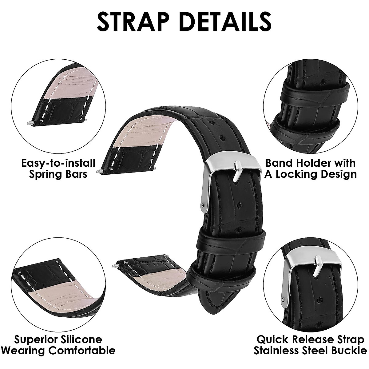 TIESOME Quick Release Leather Watch Bands, Replacement Leather Watch Strap for Men Women - 18mm 20mm 22mm (22mm, Black)