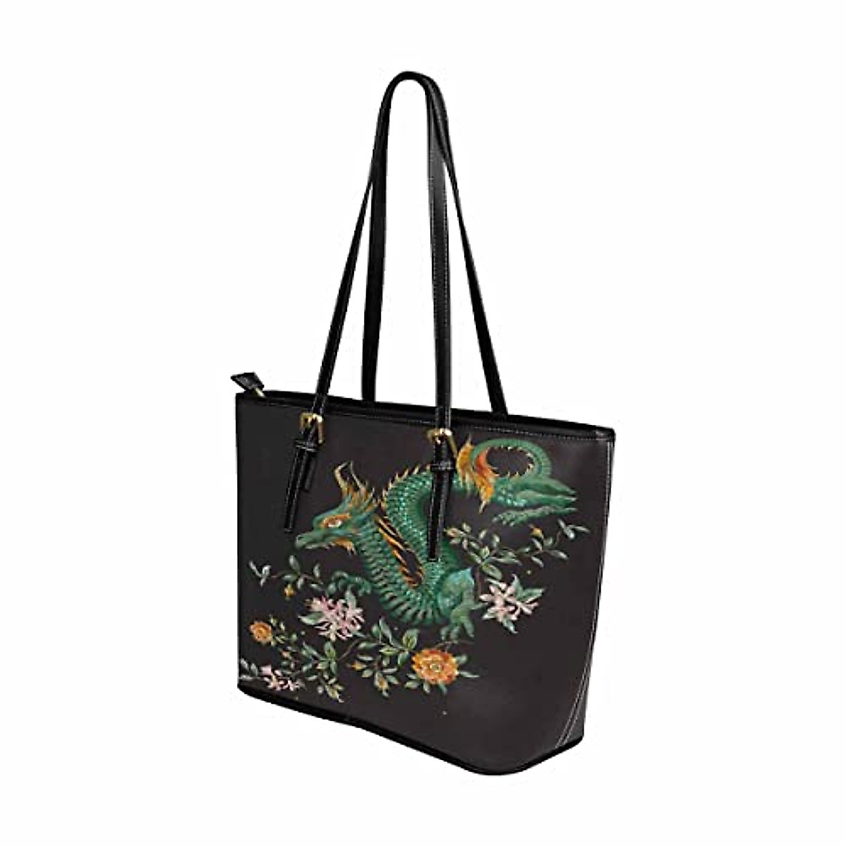 InterestPrint Flower Green Dragons Golden Roses Women's Genuine Leather Handbags Shoulder Tote Top Handles Crossbody Bag Satchel