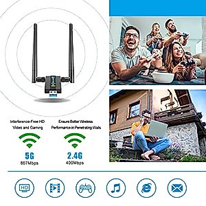 Wireless USB WiFi Adapter for PC: 1300Mbps WiFi USB, 802.11AC WiFi Adapter for Desktop PC, Dual Band WiFi Dongle Wireless Adapter for WIN7 8 10 11 XP MAC Linux, USB Computer Network Adapters