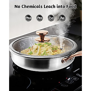 Bakpoco Tri-Ply Stainless Steel Pan with Lid, 12 inch Frying Pan Fully Clad Sauté Pan Induction-Ready Skillet Up to 600℉, 18/10 Stainless Steel Clad Pan with Copper Handle