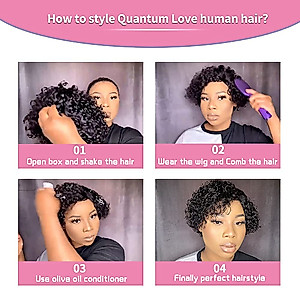 Quantum Love Human Hair Wigs Curly Wave Side Part Wig Short Bob Pixie Cut Brazilian Remy Human Hair Deep Curly None Lace Front Wigs for Women Ombre Black Brown Color