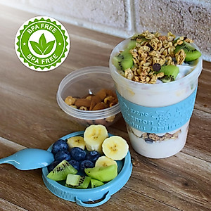 salda 2 Pack 20 oz Breakfast On the Go Cups, Take and Go Yogurt Cup with Topping Cereal Cup with spoon, Overnight Oats or Oatmeal Container Jar, Colorful Set of 2 (Red and Gray)