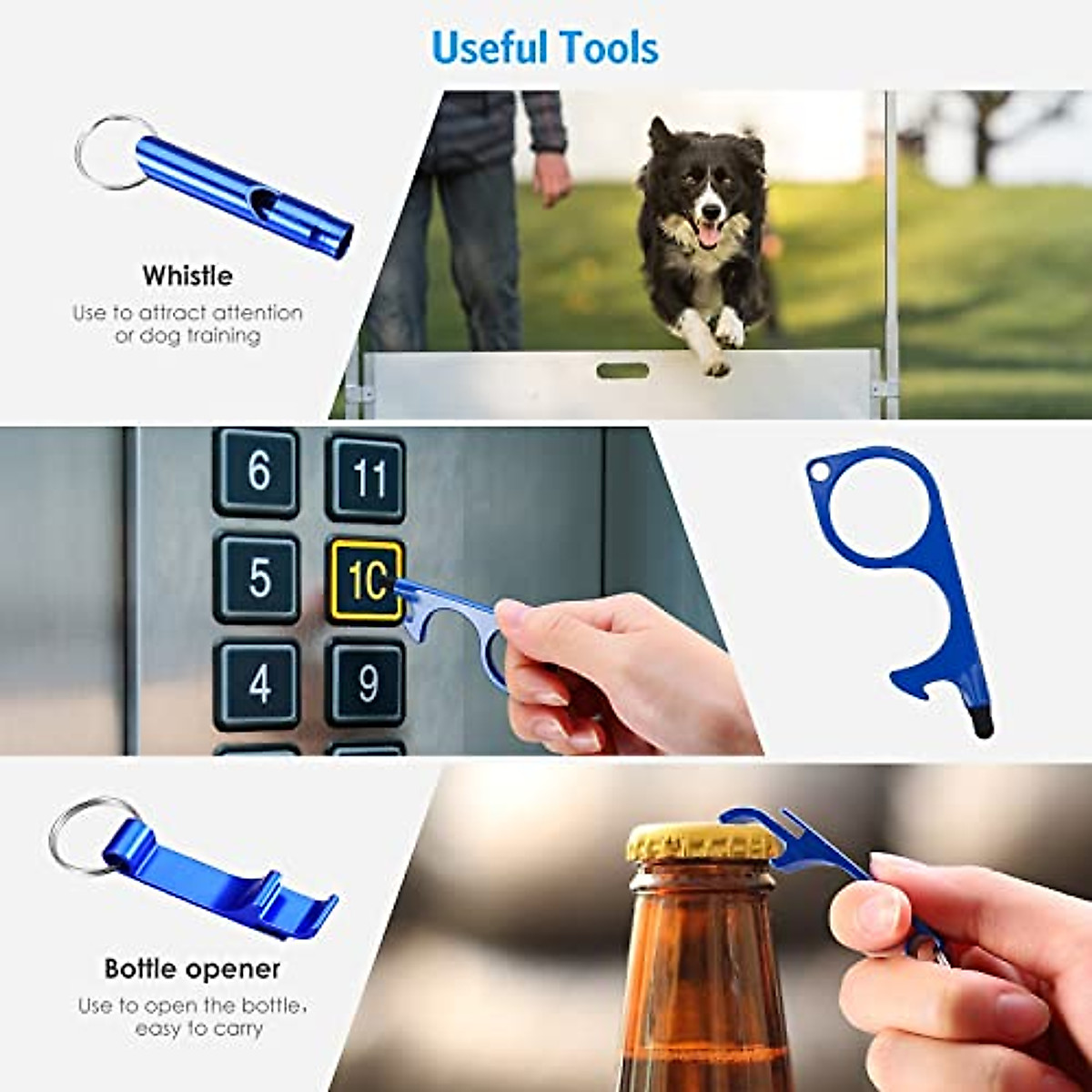 Safety Keychain Set for Women and Kids, 4 Pcs Safety Keychain Accessories, Safety Keychain Set for Girls with Safe Sound Personal Alarm, No Touch Door Opener, Whistle and Bottle Opener, Blue