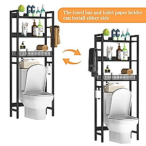 Furnulem 3 Tier Over The Toilet Storage Rack Black Bathroom Storage Shelf Wooden Space Saver Organizer, Above Toilet Stand, with Towel Bar and Toilet Paper Holder,1 Baskets