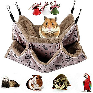 Small Pet Cage Hammock with 3 Christmas Bell Ornaments,Triple Layer Hammock Hamster Guinea Pig Cage Accessories Bedding Cozy Ferret Tunnel Cave Small Animals Bed for Chinchilla Sugar Glider (Pink)