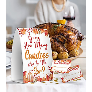 Guess How Many Candy Are In The Jar - Candy Guessing Game, Thanksgiving Party Games, 1 Sign and 50 Game Cards, Fall Maple Leaf, Pumpkin, Baby Shower Games, Birthday Party -GH004