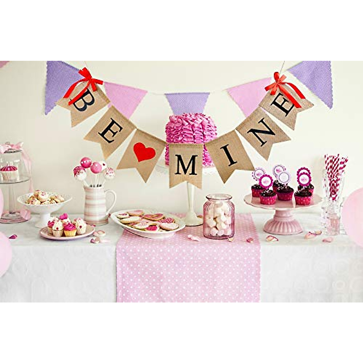 Valentines Day Burlap Banner, Valentines Decor for Home, Be Mine Hanging Banner & 28 Pcs Felt Heart Garland Banner Decor for Mantle Fireplace Wall, Decorations Pre-Assembled - No DIY Required