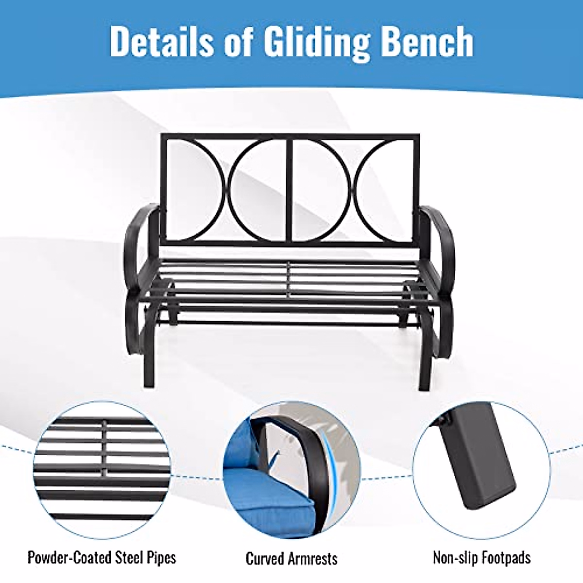 Tangkula 2-Person Outdoor Glider Bench, Swing Seat Bench with Seat & Back Cushions, Sturdy Rustproof Steel Frame, Smooth & Gentle Gliding Motion, Patio Rocking Loveseat for Backyard, Porch (Blue)