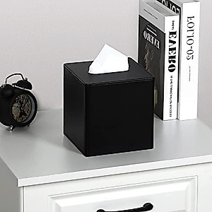 GOLRANLYE Tissue Box Cover Square 2 Pack PU Leather Facial Tissue Box Holder for Dresser Bathroom Decor (Black)