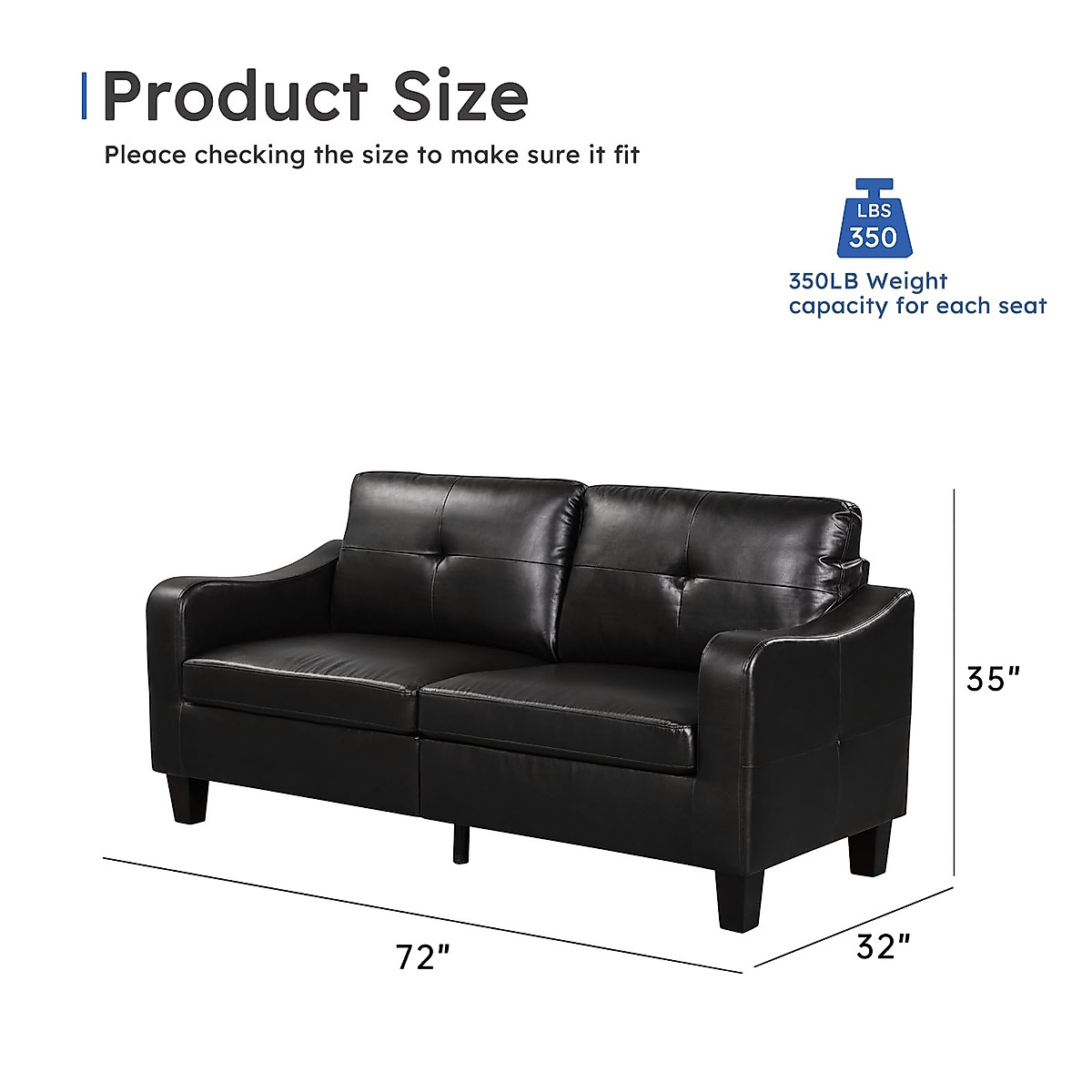 EBELLO Upholstered 3-seat Faux Leather Sofa Couch, Modern Loveseat Sofa, Wood Frame and Sturdy Legs for Living Room Bedroom Office, Black