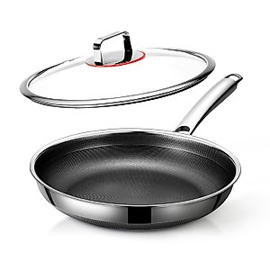 LIGTSPCE Hybrid 11 inch Frying Pans Nonstick with Lid,PFOA Free Cookware,non stick Stainless Steel Large Skillets,Dishwasher and Oven Safe, Works on Induction,Ceramic and Gas Cooktops