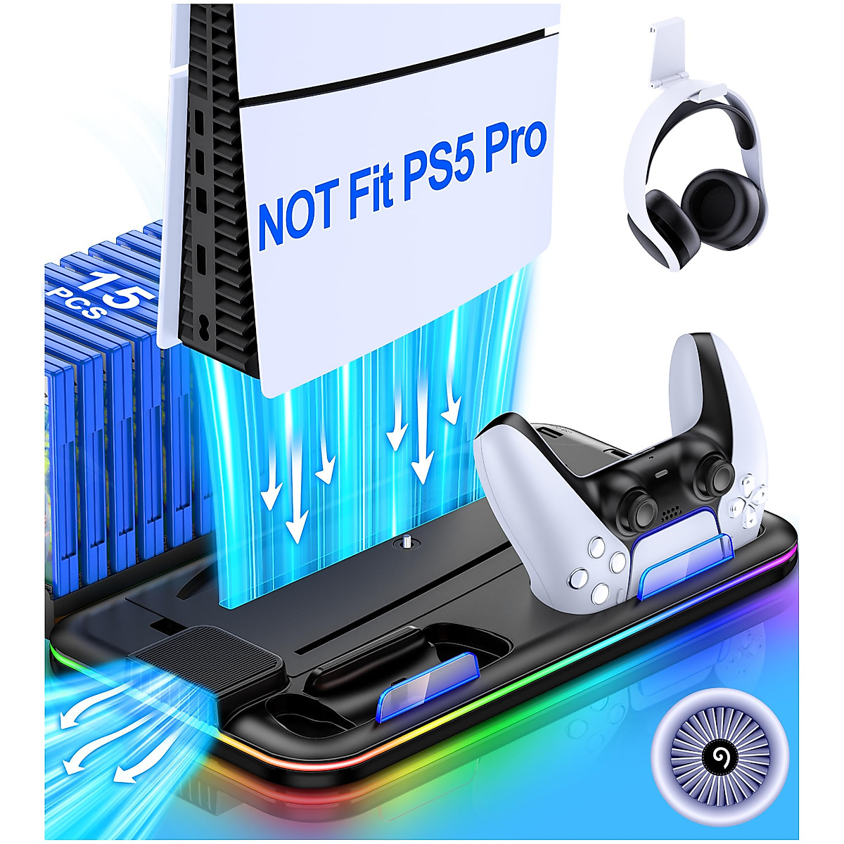 PS5/PS5 Slim Stand and Cooling Station with Controller Charging Station for Playsation 5, PS5 Accessories Kit Incl. 3 Levels Cooling Fan, LED, 15 Game Slot, Headset Holder for PS5 Digital/Disc Console