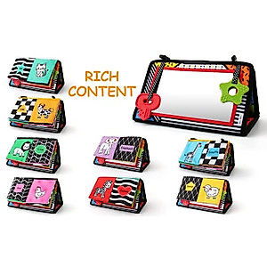 3-in-1 Tummy Time Mirror Toys with Soft Crinkle 3D Activity Book,Teethers, Rattle,High Contrast Black and White Montessori Baby Crawling Toys Developmental Newborn Infant Sensory Toys Gift 0-12 Months