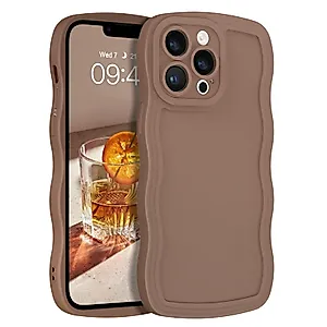 YINLAI Designed for iPhone 13 Pro Max Case 6.7-Inch, Brown Soft Silicone Gel Rubber Phone Cover, Cute Curly Wave Frame Shape Slim TPU Bumper Women Girly Shockproof Protective Case, Khaki