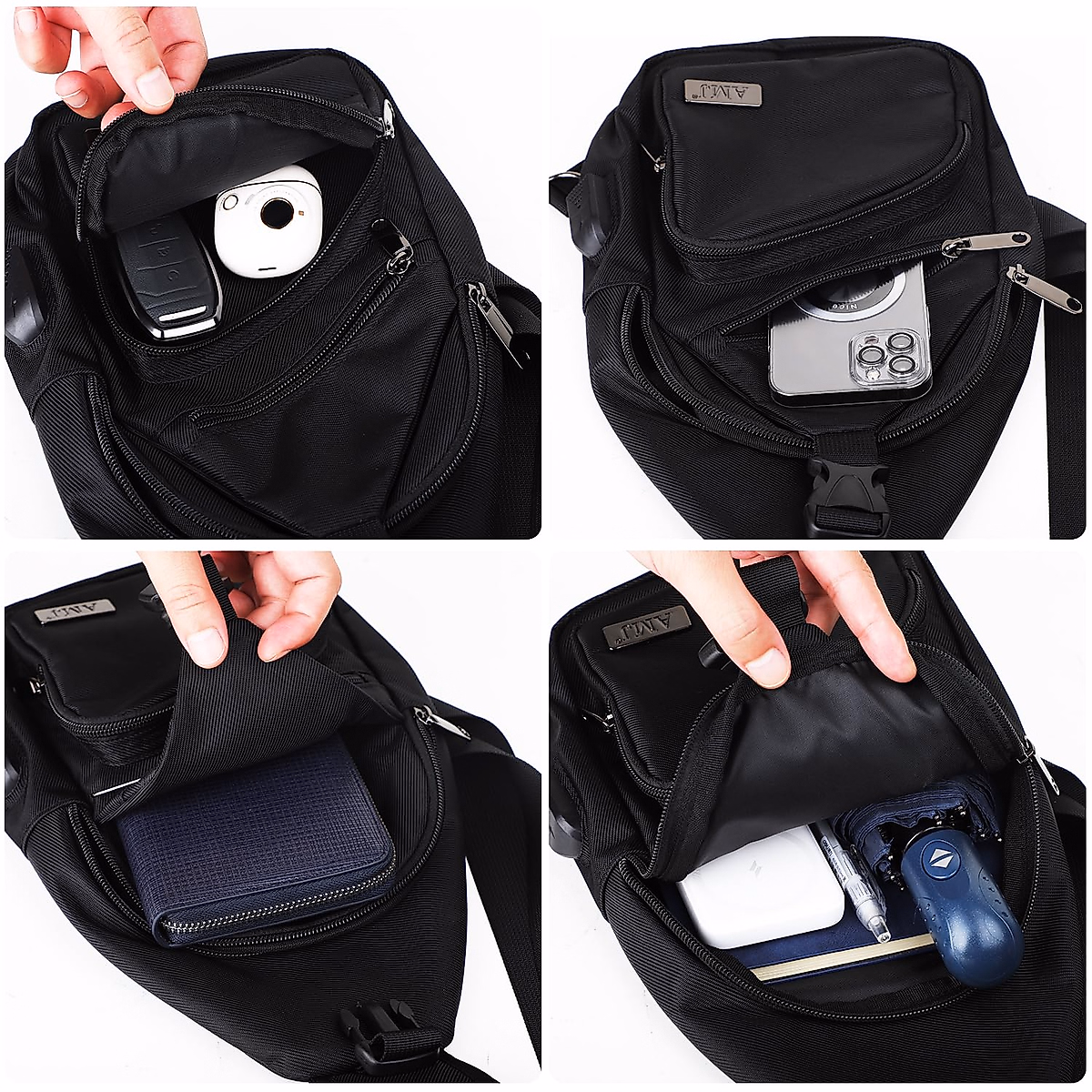 AMJ Sling Bag Shoulder Backpack Chest Bags Crossbody Daypack for Women & Men with USB Cable for Hiking Camping Outdoor Sport Cycling Trip Black